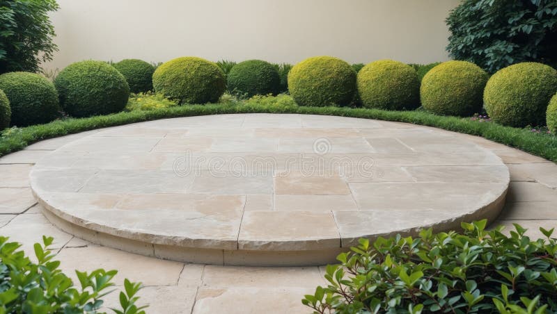 Circular Stone Patio in a Garden Setting with Manicured Shrubs Stock ...