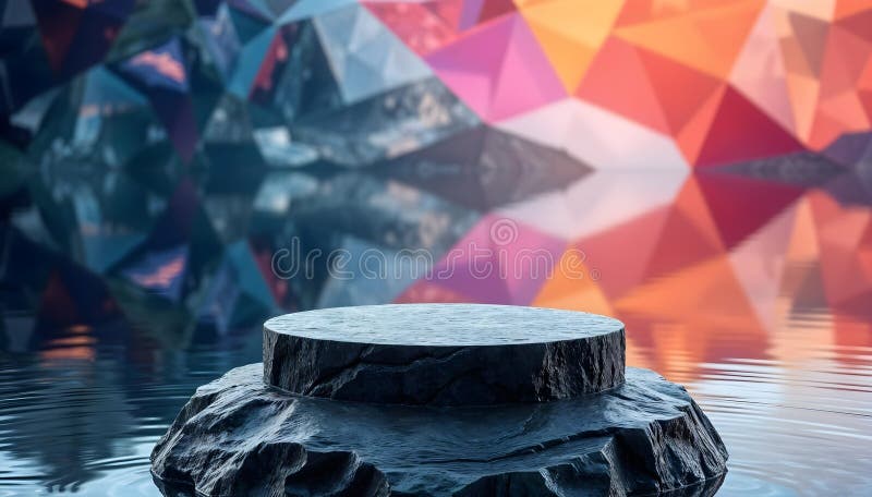 Circular Stone Platform with Abstract Red Background, Product Showcase ...