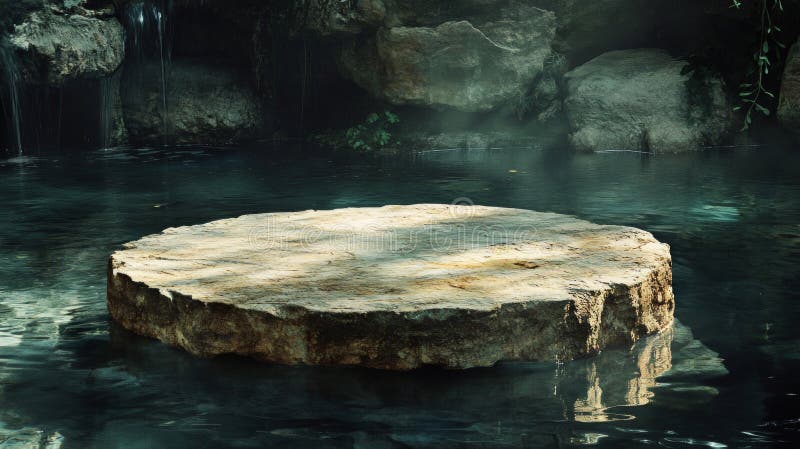 Circular Stone Platform on Dark Water with Rocks and Waterfall Stock ...