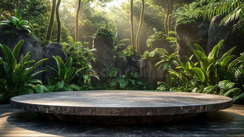 Stone Platform in Lush Tropical Rainforest with Morning Sunlight ...