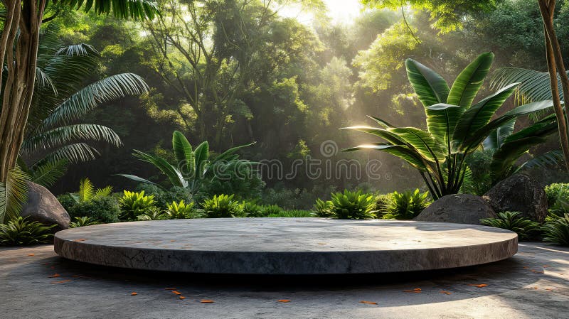 Stone Platform in Lush Tropical Rainforest with Morning Sunlight ...