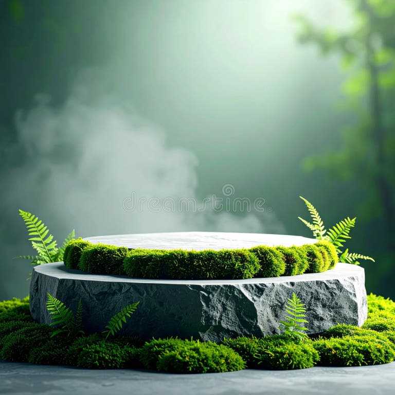 Circular Stone Platform with Moss in Misty Forest Setting Stock ...