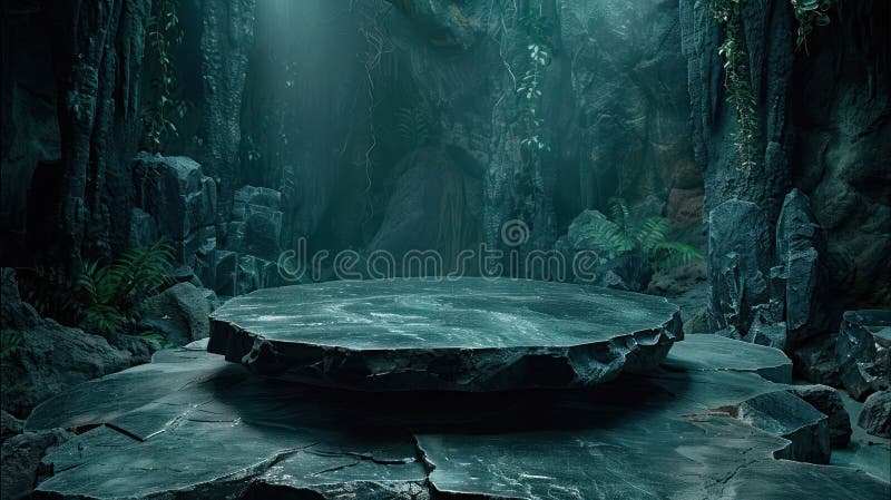 A Circular Stone Platform in a Mystical Cave Setting with Lush Greenery ...