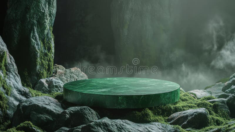 Circular Stone Platform in Mystical Forest with Lush Greenery and Misty ...