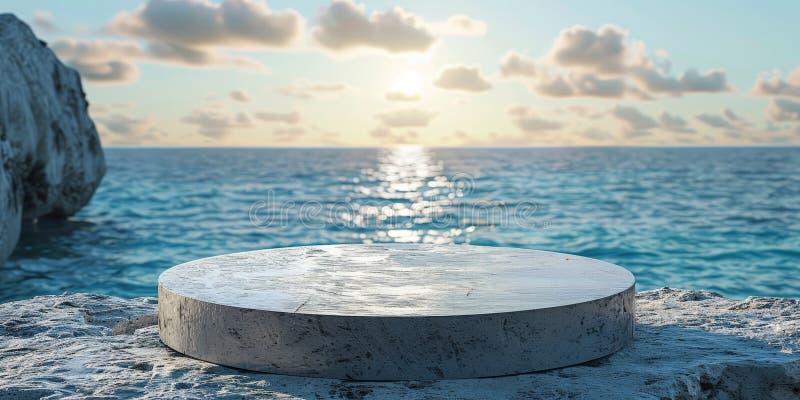 Circular Stone Platform on Rocky Shore with Ocean in Background, Bathed ...