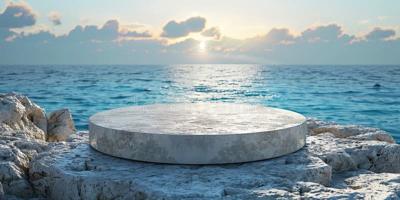 Circular Stone Platform on Rocky Shore with Ocean in Background, Bathed ...