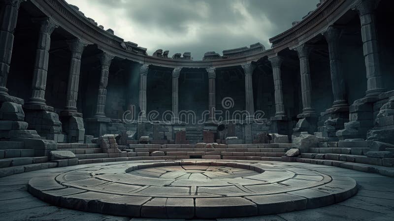 A Circular Stone Platform Surrounded by Pillars in a Dimly Lit ...
