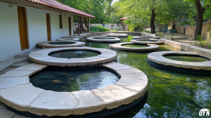 Circular Stone Platforms Float on a Serene Pond Surrounded by Lush ...
