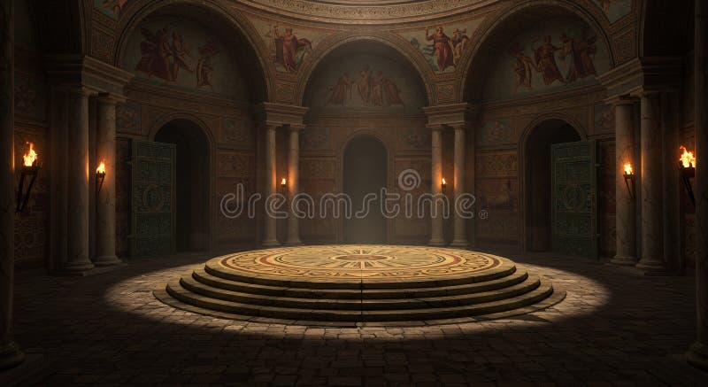 Circular Stone Podium in a Dimly Lit Ancient Hall Stock Illustration ...