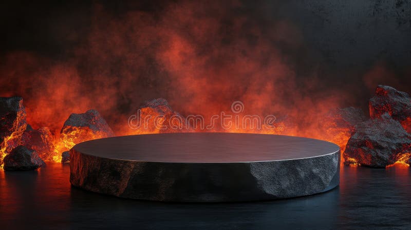 Circular Stone Stage with Fiery Lava Eruption Backdrop in Dark Setting ...