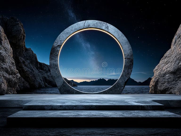 A Circular Stone Structure in the Middle of a Rocky Landscape at Night ...