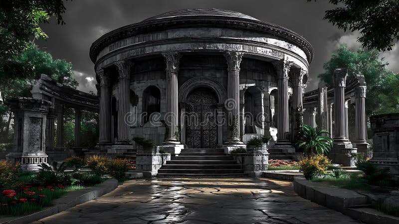 Circular Stone Temple with Classical Columns and Intricate Carved Doors ...