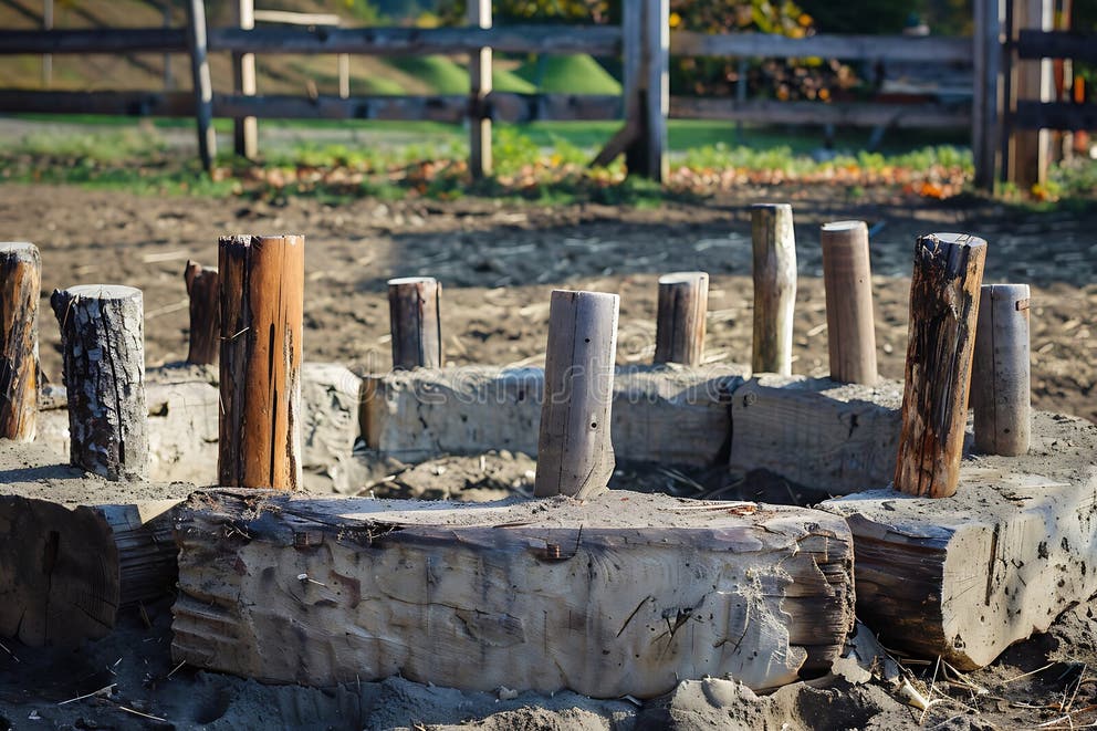 Rustic Wooden Post and Concrete Ring Structure in Rural Setting Stock ...