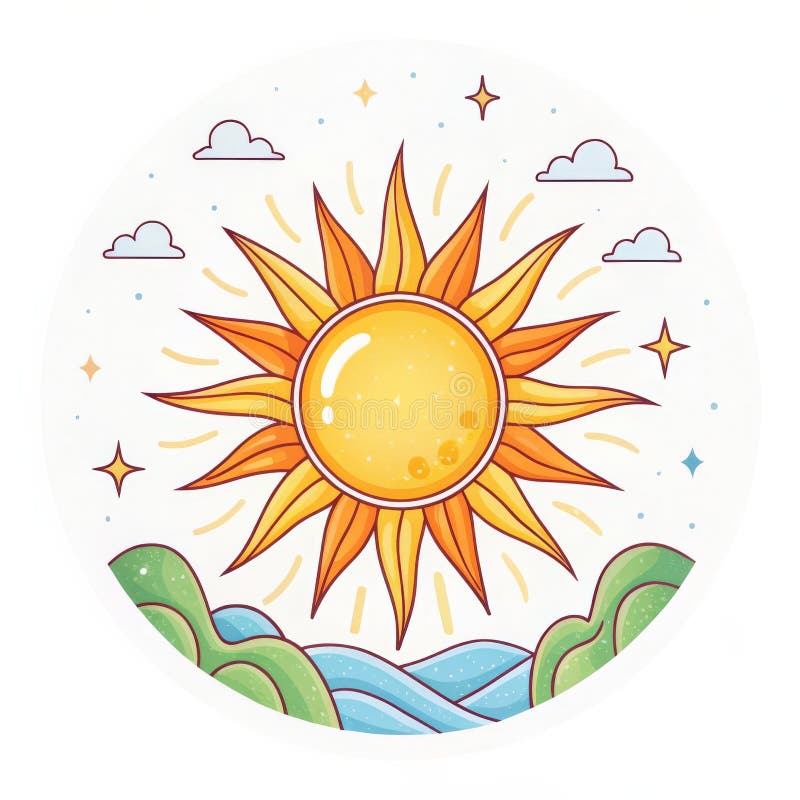 Circular Sun Illustration Waves, Clouds, Stars, Vector Art, Summer ...