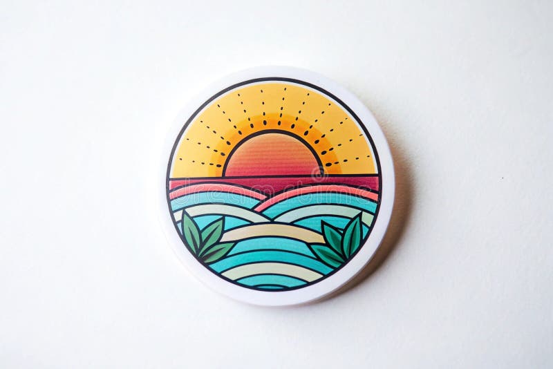 Circular Sunset Ocean Scene Sticker Stock Illustration - Illustration ...
