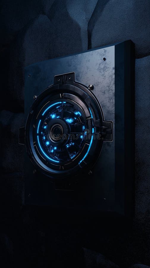 Circular Tech Panel with Blue Lights on Dark Wall Stock Illustration ...