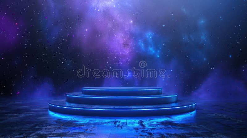 A Circular, Three-step Podium with Neon Blue Lighting on a Dark ...