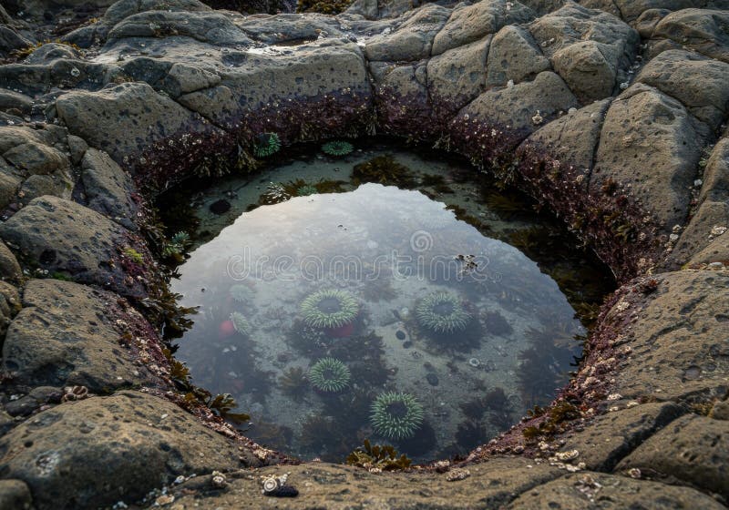 Circular Tide Pool with Sea Anemones on Rocky Coast Stock Illustration ...
