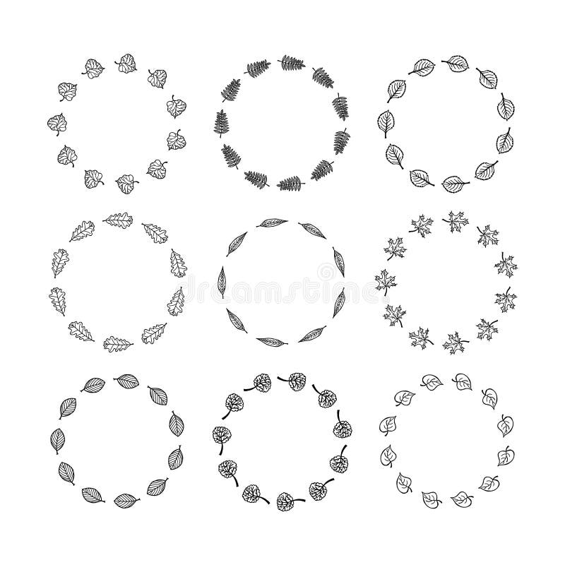 Circular Tree Leaves Hand Drawn Frames Stock Vector - Illustration of ...
