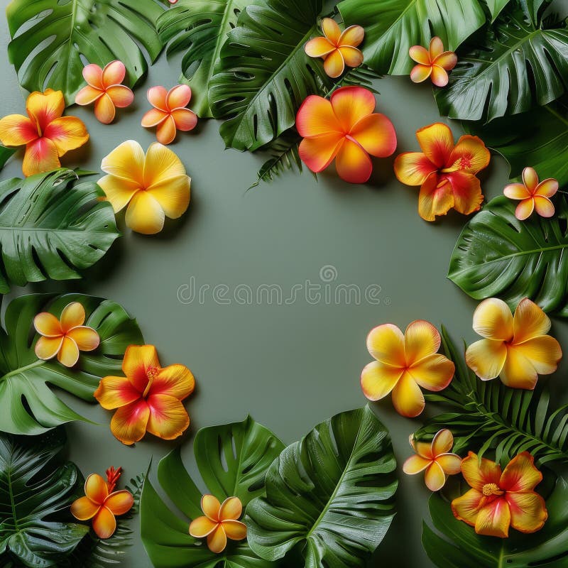 Circular Tropical Arrangement of Leaves and Flowers Stock Image - Image ...