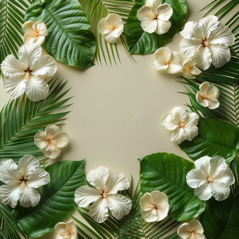 Circular Tropical Arrangement of Leaves and Flowers Stock Photo - Image ...