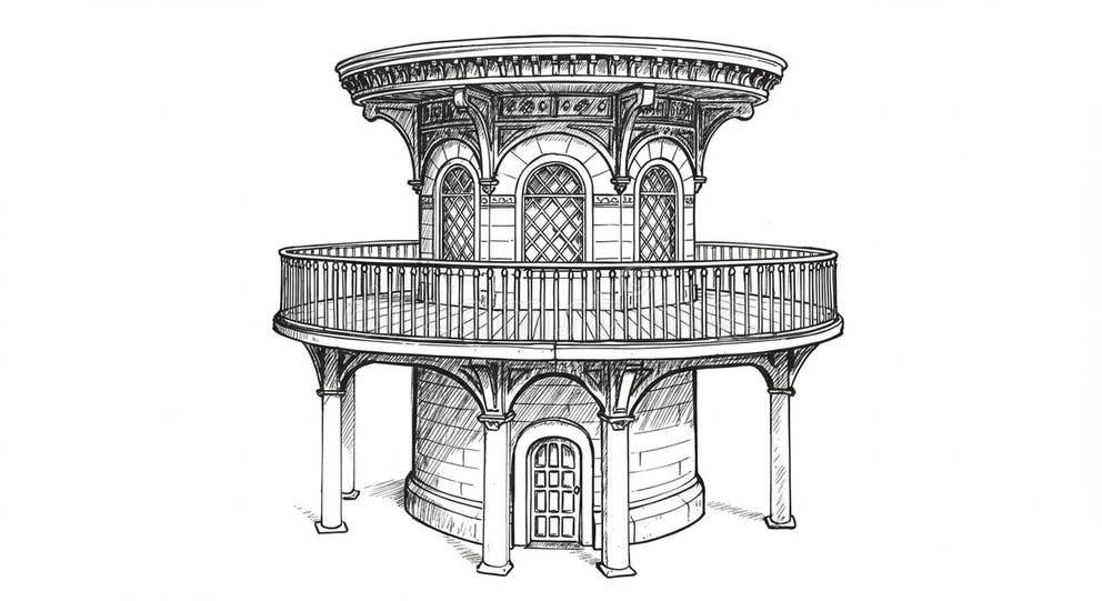 Circular Two-story Architectural Structure Features a Lower Level with a Central Door Stock ...