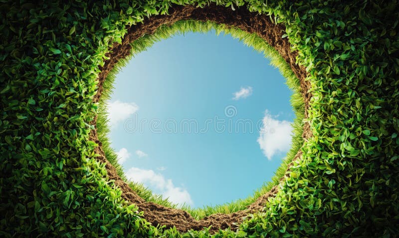 Circular View of Blue Sky Framed by Lush Green Grass and Foliage Stock ...