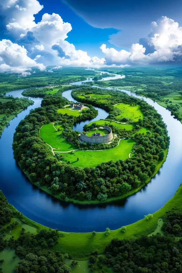 A Circular View of a River Running through a Lush Green Field Stock ...
