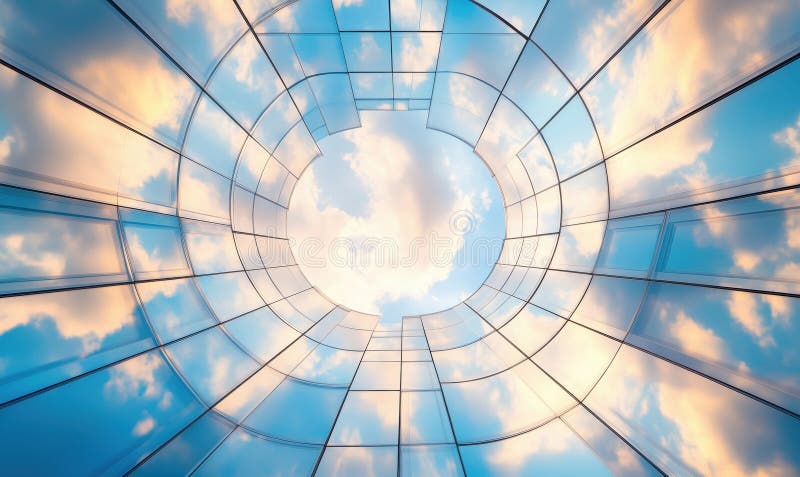 Circular View of Sky through Glass Architecture, Reflecting Clouds and ...