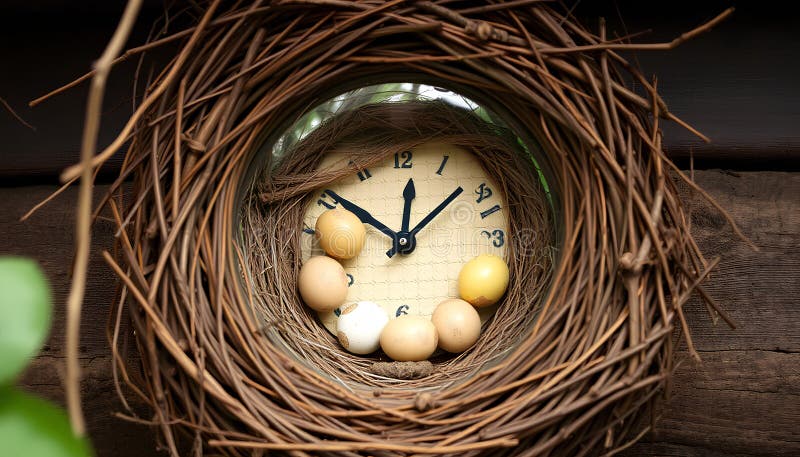 Circular Wall Clock Embedded in a Bird Nest with Eggs, Natural Twigs ...