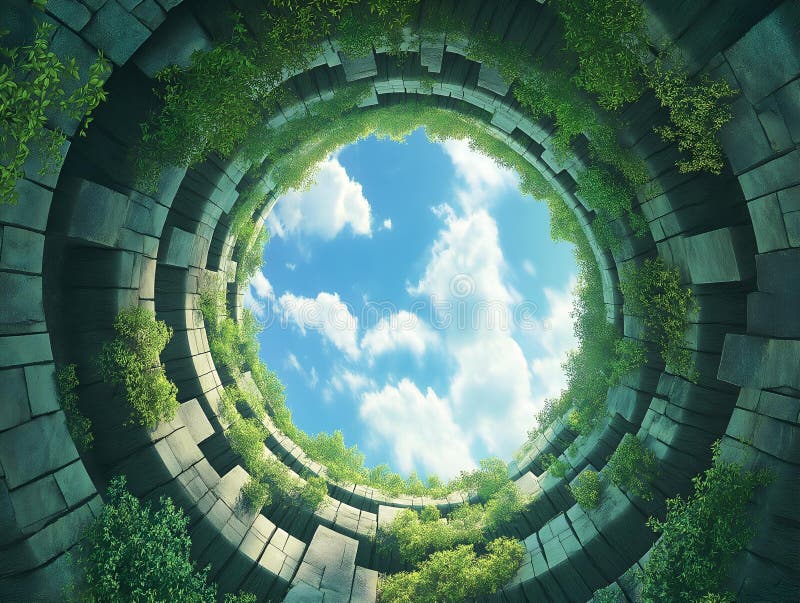 Circular Well, Stone Structure, Blue Sky, Overhead Perspective ...