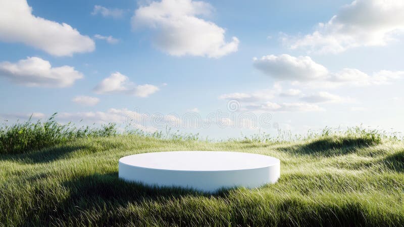 Circular White Platform on Lush Green Grass Under Blue Sky with Clouds ...