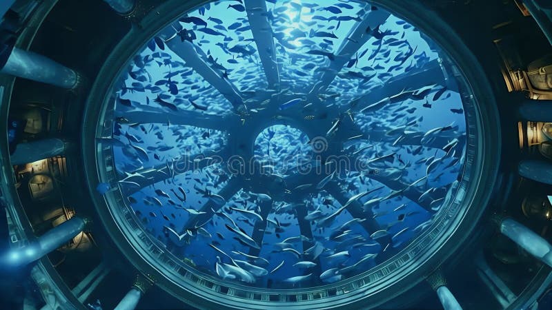 A Circular Window Looking into a Large Tank of Water with a School of ...