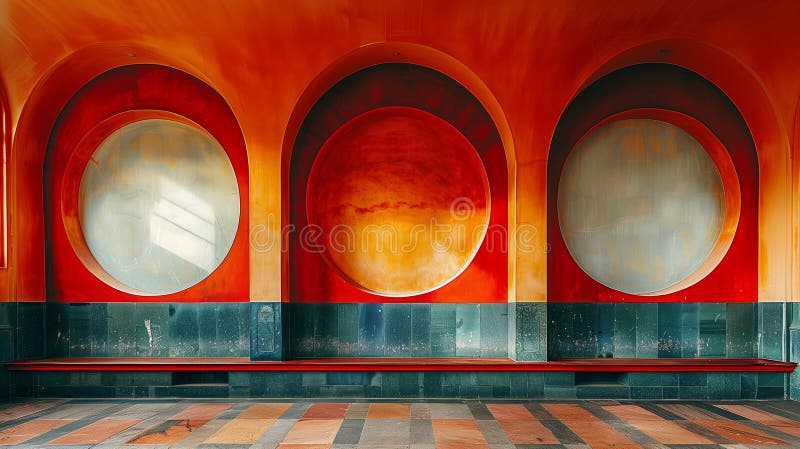 Circular Windows and a Red Bench in a Historic Building Stock Image ...