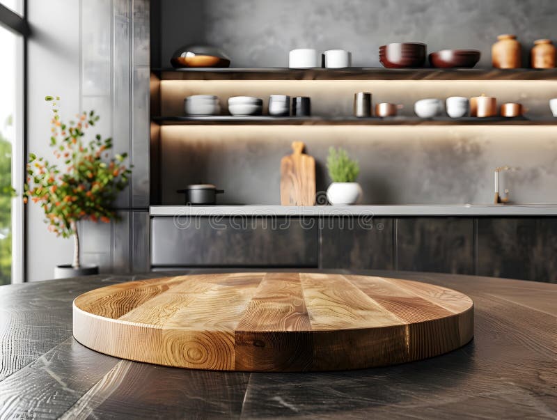 Circular Wood Tabletop Counter in Bright Modern Kitchen Interior with ...