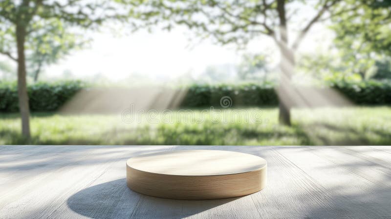 Circular Wooden Display Stand with a Backdrop of Greenery Stock Photo ...