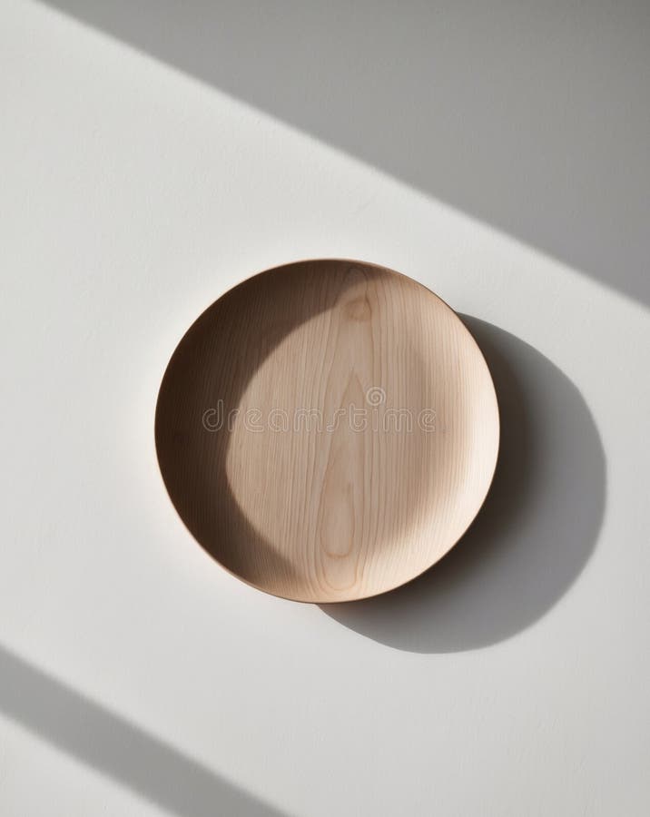 Circular Wooden Plate Placed on White Surface. Stock Image - Image of ...