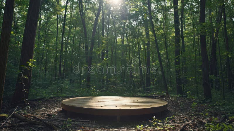 Circular Wooden Platform in a Lush Green Forest with Sunlight Filtering ...