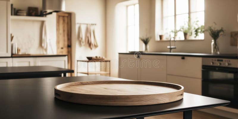Circular Wooden Tray on Black Table in Rustic Kitchen. Stock Image ...