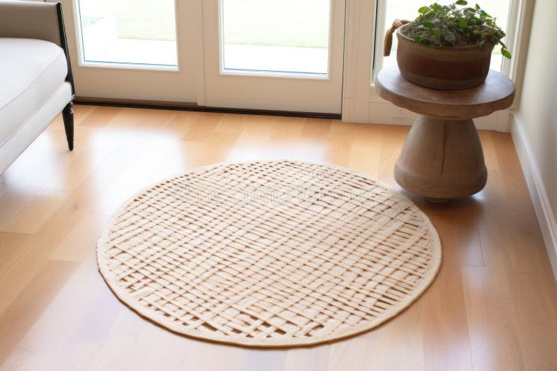 A Circular Woven Rug on White Oak Flooring Stock Photo - Image of ...
