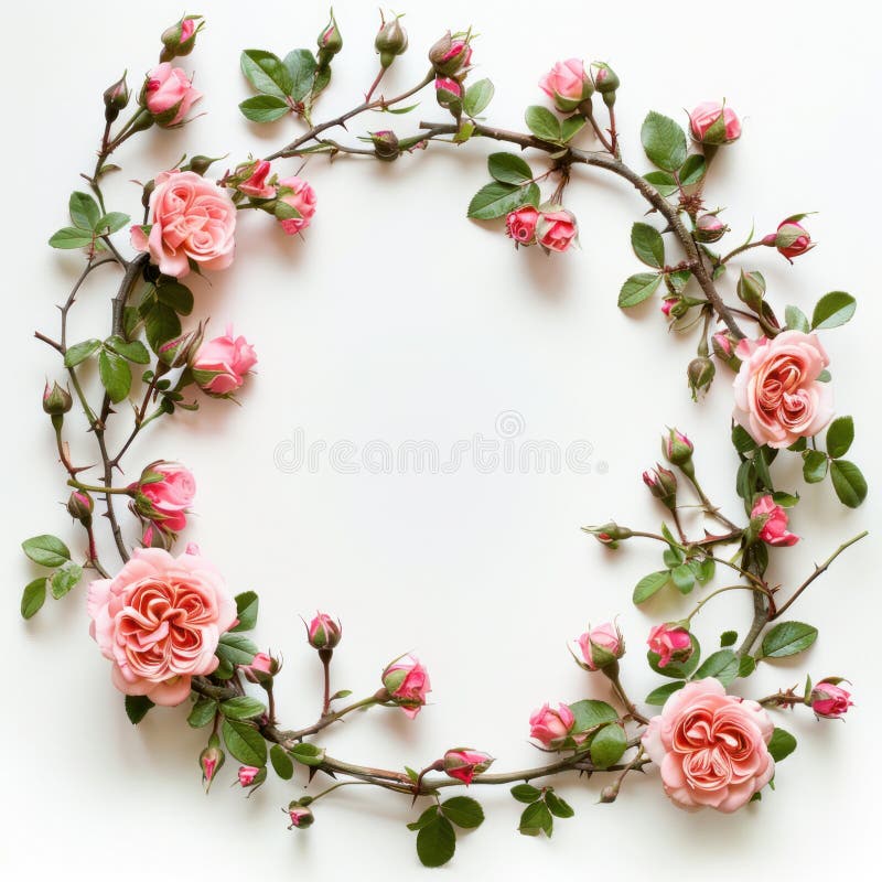 Circular Wreath Pattern Featuring Roses, Pink Flower Buds, Branches ...