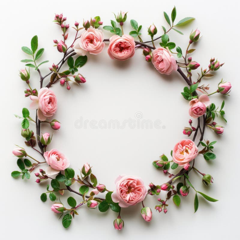 Circular Wreath Pattern Featuring Roses, Pink Flower Buds, Branches ...