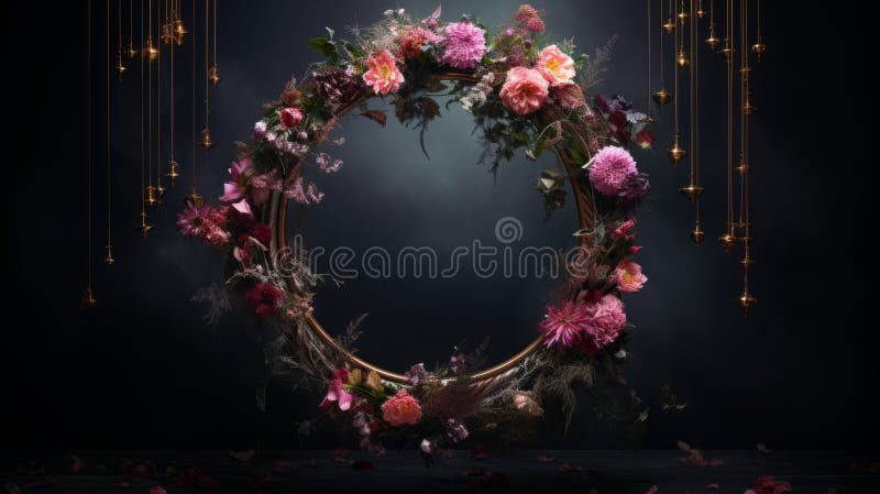 A Circular Wreath with Pink Flowers Hanging from it Stock Image - Image ...