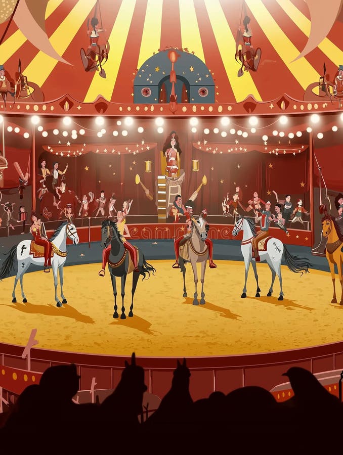 Circus Arena with Horses and Acrobats Stock Illustration - Illustration ...