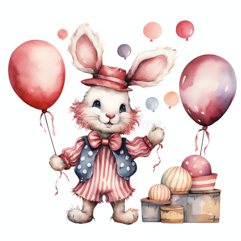Circus Clown Cute Bunny Pink Cute Bunny Watercolor Stock Illustration ...