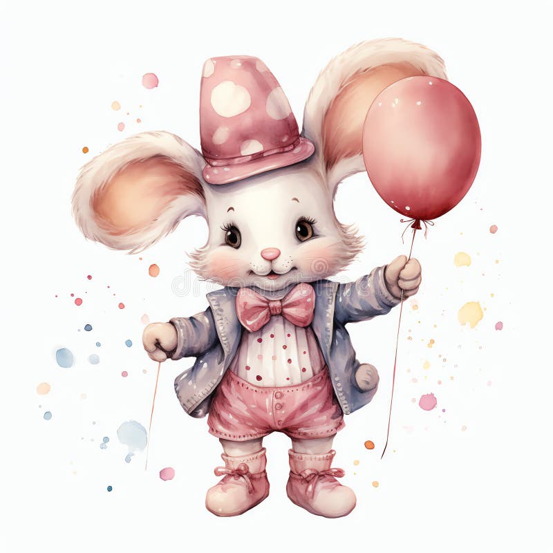 Circus Clown Cute Bunny Pink Cute Bunny Watercolor Stock Illustration ...