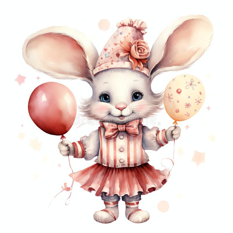 Circus Clown Cute Bunny Pink Cute Bunny Watercolor Stock Illustration ...