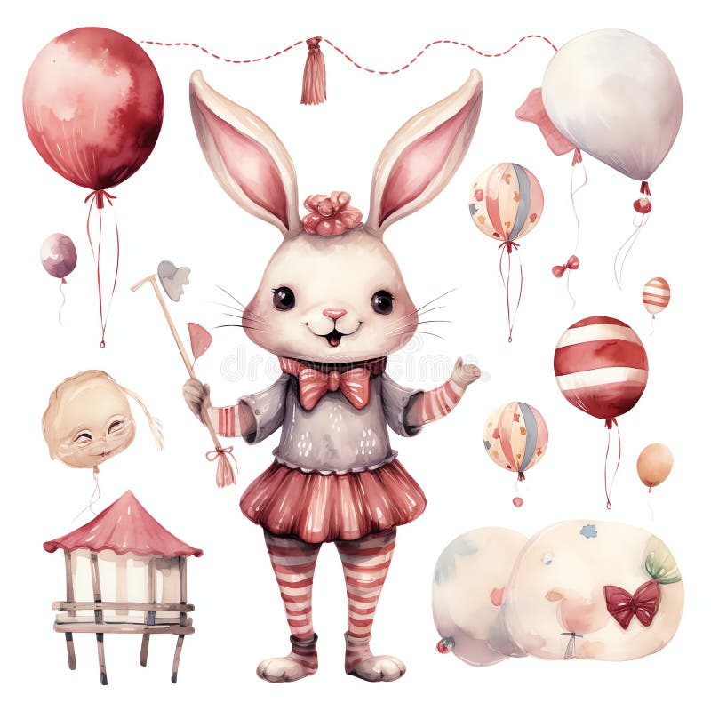 Circus Clown Cute Bunny Pink Cute Bunny Watercolor Stock Illustration ...