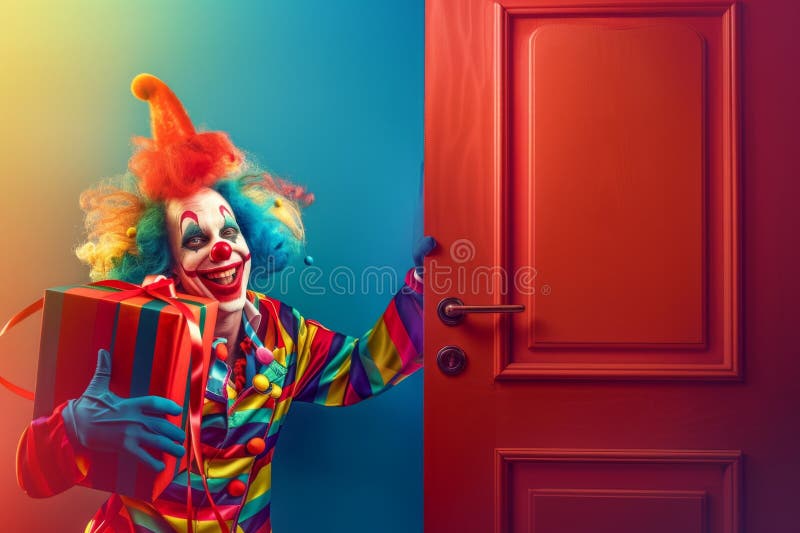 A Circus Clown Holding a Gift Box while Opening Door Stock Illustration ...