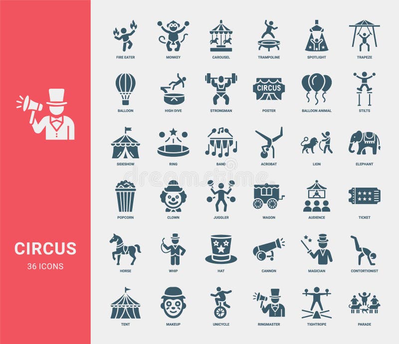 Circus Essential Elements Icon Set, Ring Lion Acrobat Band Stock Vector ...